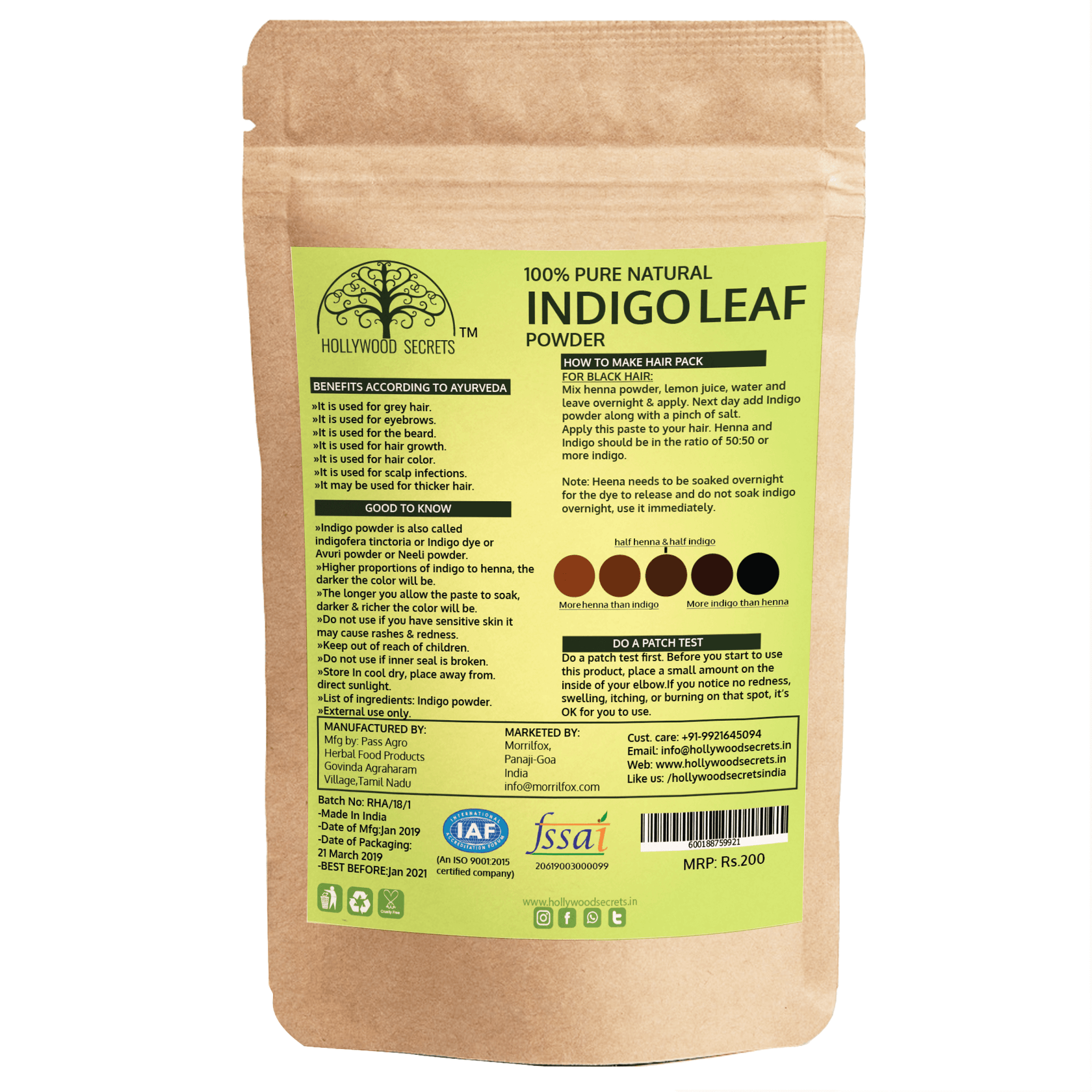 BUY Hollywood Secrets 100% Chemical Free Organic Indigo Powder 100gm