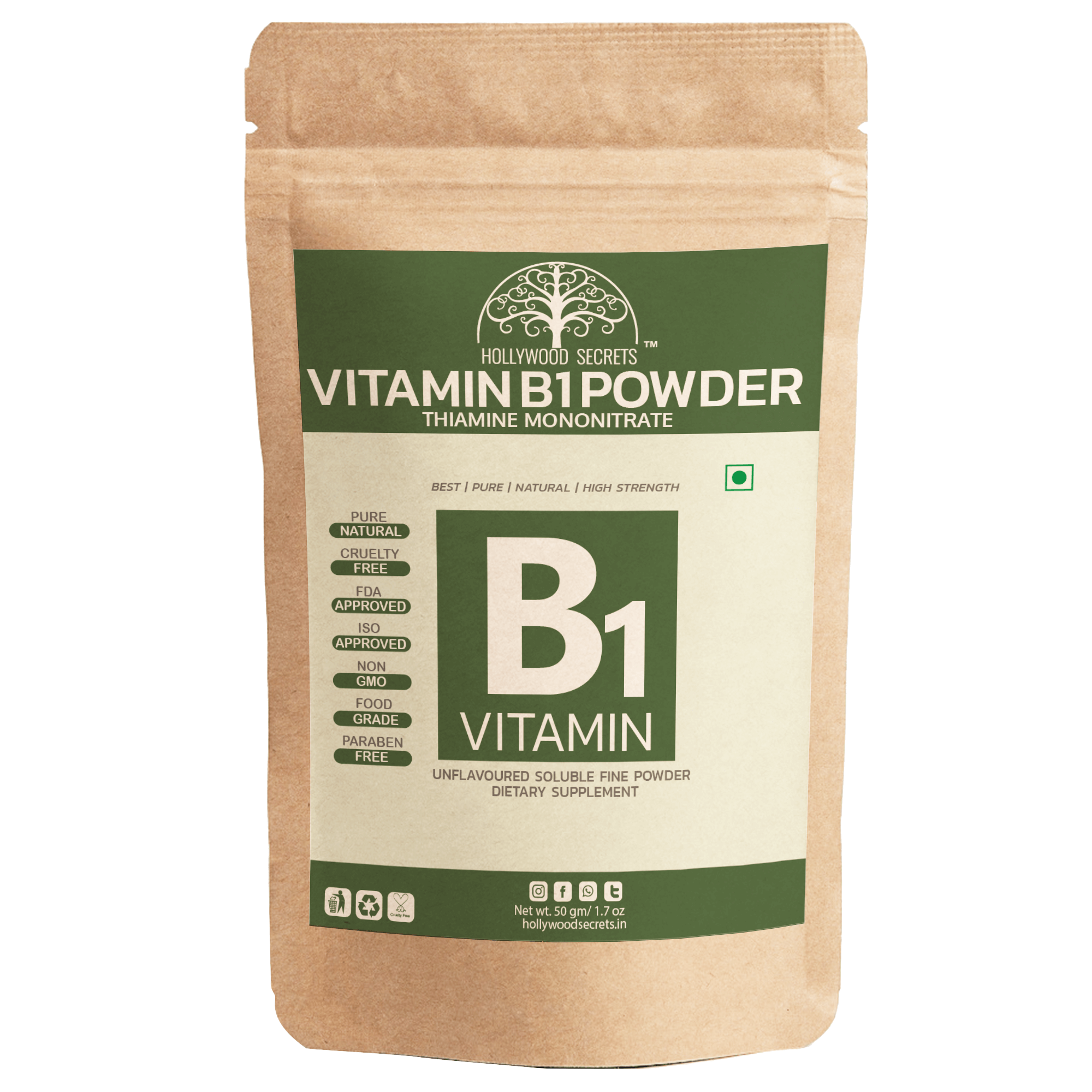 BUY Hollywood Secrets Vitamin B1 Thiamine Mononitrate Powder 50 gm
